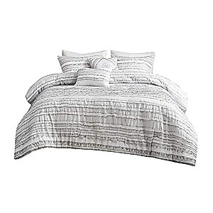 Urban Habitat Avery 100% Cotton Clipped Jacquard Duvet Casual Stripe Design, All Season Comforter Cover Modern Bedding Set with Matching Sham, Decorative Pillow, Full/Queen, Grey 5 Piece