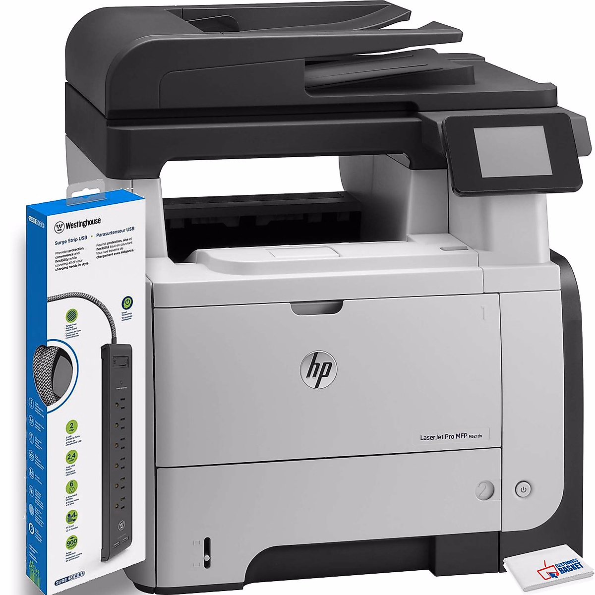 HEWLETT PACKARD Laserjet Pro M521dn All-in-One Printer (A8P79A) with Power Strip Surge Protector and Electronics Basket TM Microfiber Cleaning Cloth