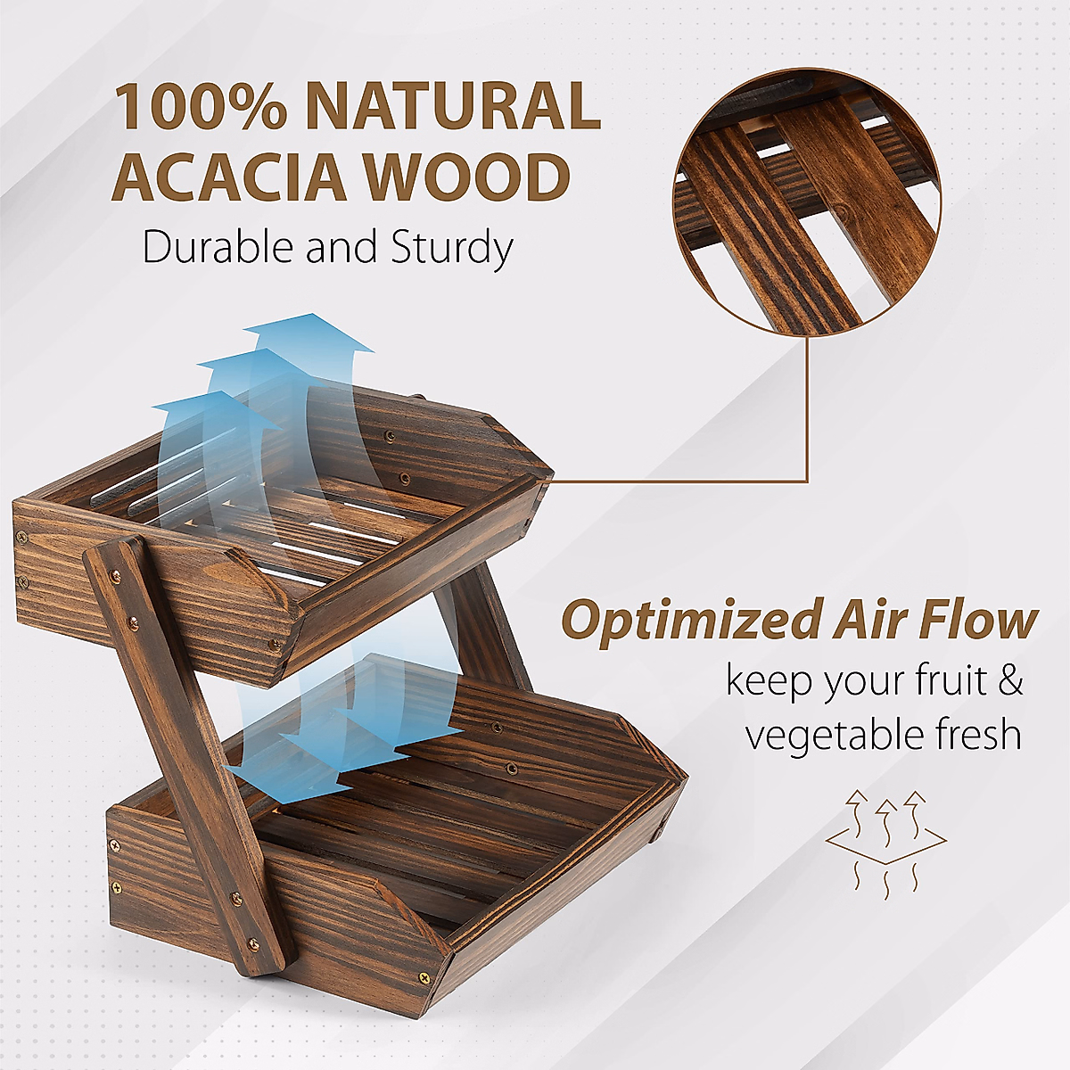 NAGAWOOD Large Capacity 2-Tier Wooden Fruit Basket, Durable Acacia Wood, 10.5" Tall, Spacious for Produce, Vegetables, Bread Storage and Home Kitchen Countertop