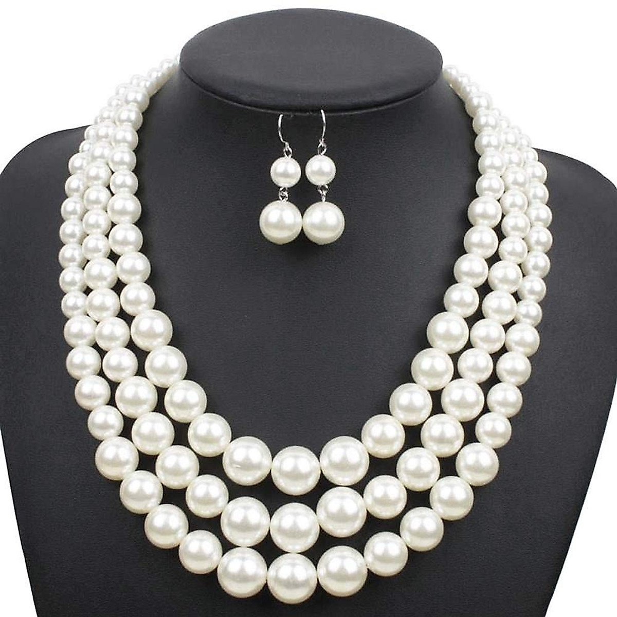 Daimay Simulated Pearl Chokers Multi-Layer Pearl Necklace Multi-Strand Pearl Statement Bridal Choker Necklace for Wedding Party Jewelry 20s Flapper Necklace for Party with Earring -White