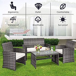 Tangkula 4 PCS Wicker Patio Conversation Set, Outdoor Rattan Sofas with Table Set, Patio Furniture Set with Soft Cushions & Tempered Glass Coffee Table for Poolside Courtyard Balcony (1, Beige)