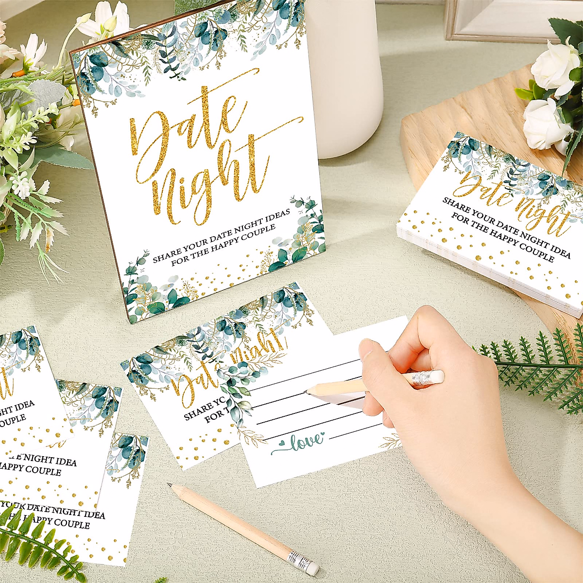 Wesiti 51 Pieces Eucalyptus Leaves Bridal Shower Games Date Night Game Sign and 50 Cards Greenery Bridal Shower Bachelorette Games Supplies Wedding Shower Games