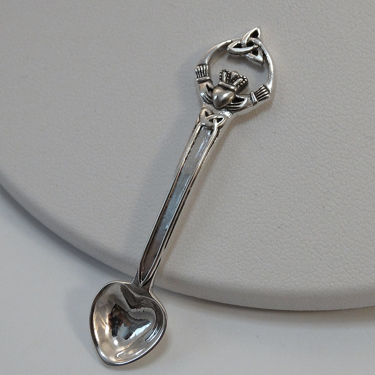 Sterling Silver Irish Claddagh Salt Spoon or Mustard Spoon, Celtic Trinity Knot