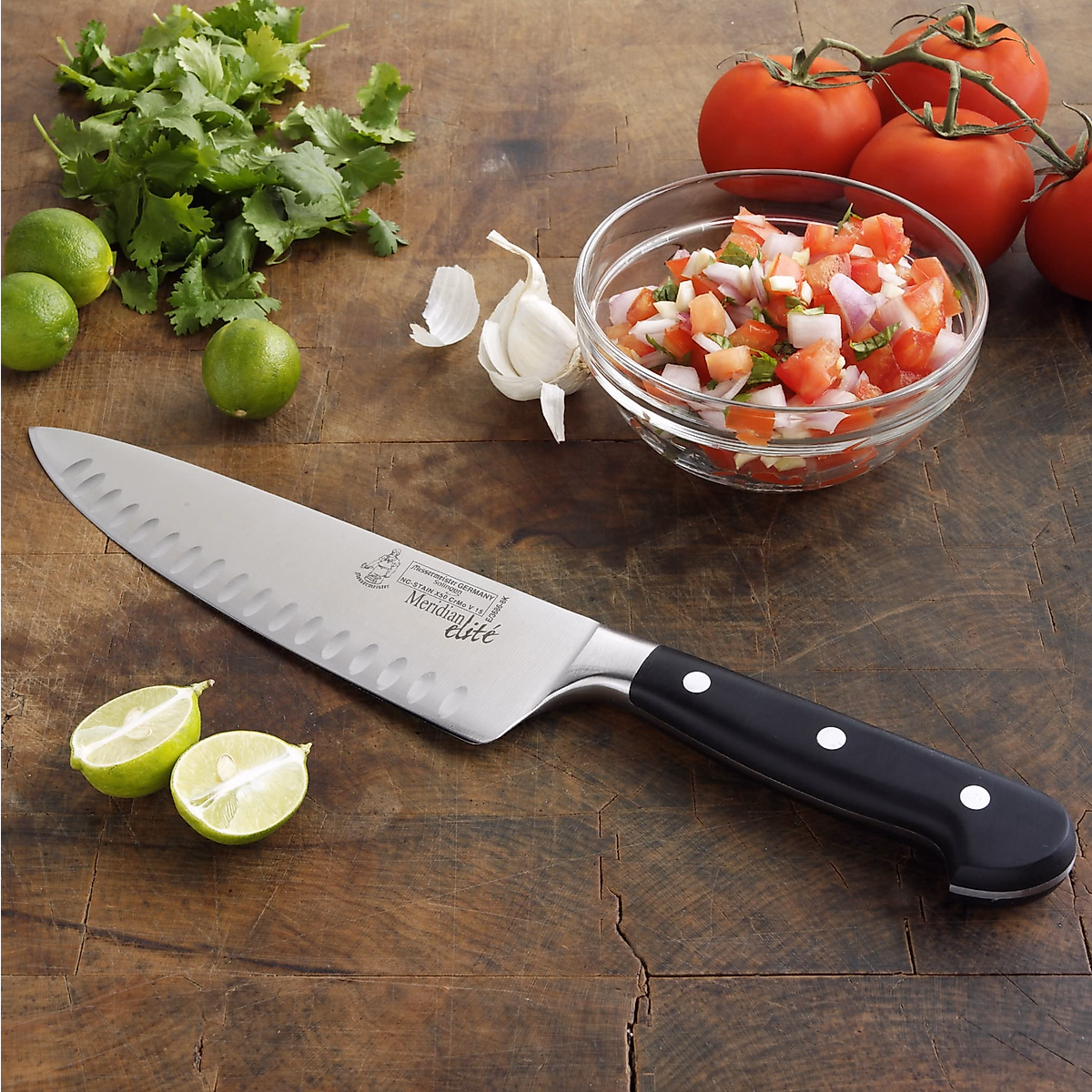 Messermeister Meridian Elite 8” Traditional Chef’s Knife - Fine German Steel Alloy Blade - Rust Resistant & Easy to Maintain