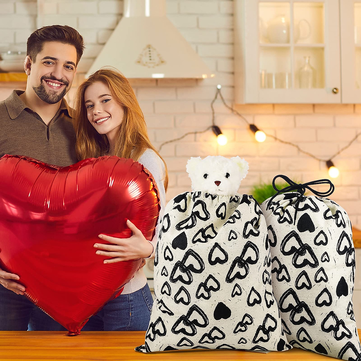 2 Pieces Large Gift Bag with Drawstring Large Canvas Gift Bags Heart Print Drawstring Present Wedding Bags Wrapping Reusable Bag Present Wrap Bags for Valentine's Day Party Favors, 20 x 16 In (Black)