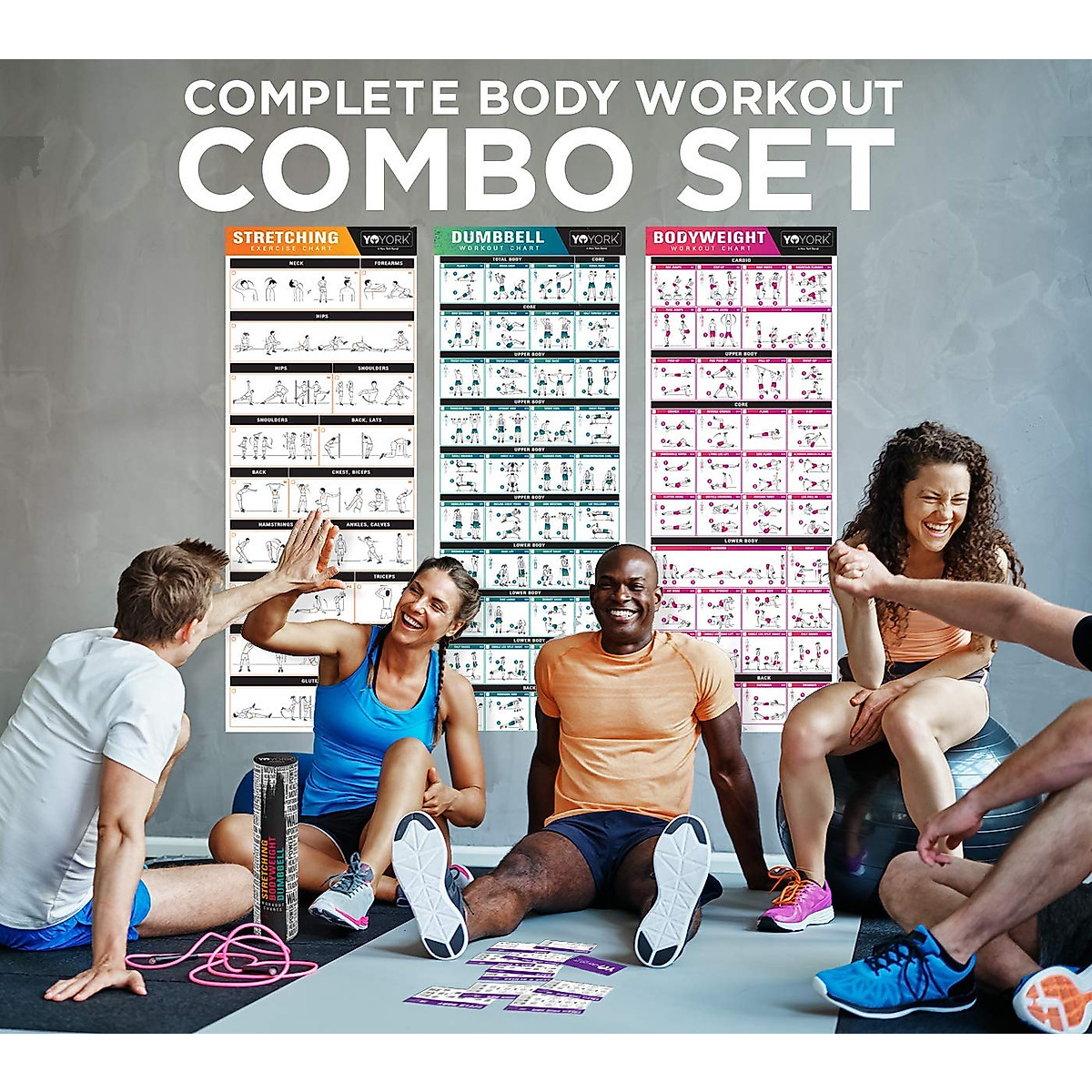 YoYork Exercise Posters for Stretching, Dumbell & Bodyweight Training - Home Gym & Fitness Workout w Minimal Equipment Needed - Get Full Body Workout at Home - 3 Laminated Posters Plus Workout Cards
