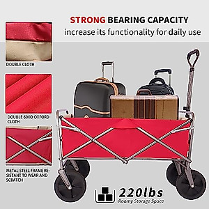 Folding Wagon Cart Beach Wagon Utility Wagon Cart Outdoor Heavy Duty Garden Portable Hand Cart with All-Terrain Wheels & Adjustable Handle (Red+White)