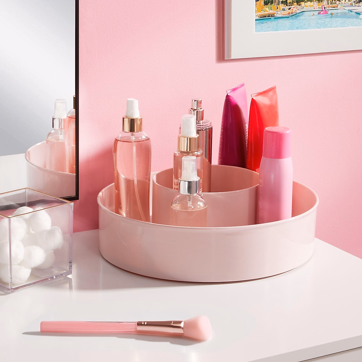 mDesign Plastic Lazy Susan Round Turntable Storage Tray - Rotating Organizer for Makeup, Cosmetics, Nail Polish, Vitamins, Shaving Kits, Hair Spray, Medical Supplies, First Aid - Light Pink/Blush