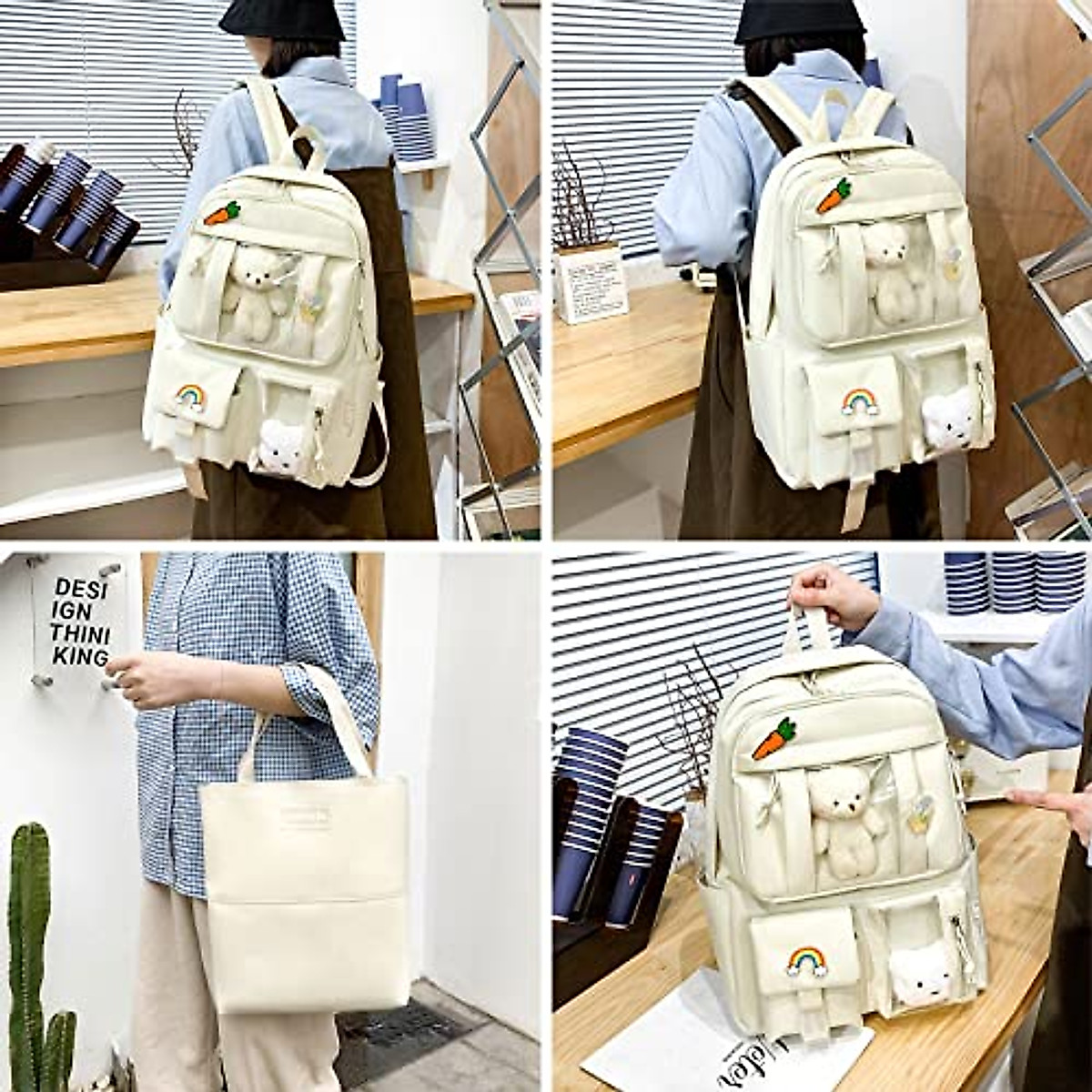 YGYCF Kawaii Backpack 5Pcs Set for Student with Cute Bear Accessories - School Bags for Teen Girls Back to School Supplies Essentials Aesthetic Bookbag, A White