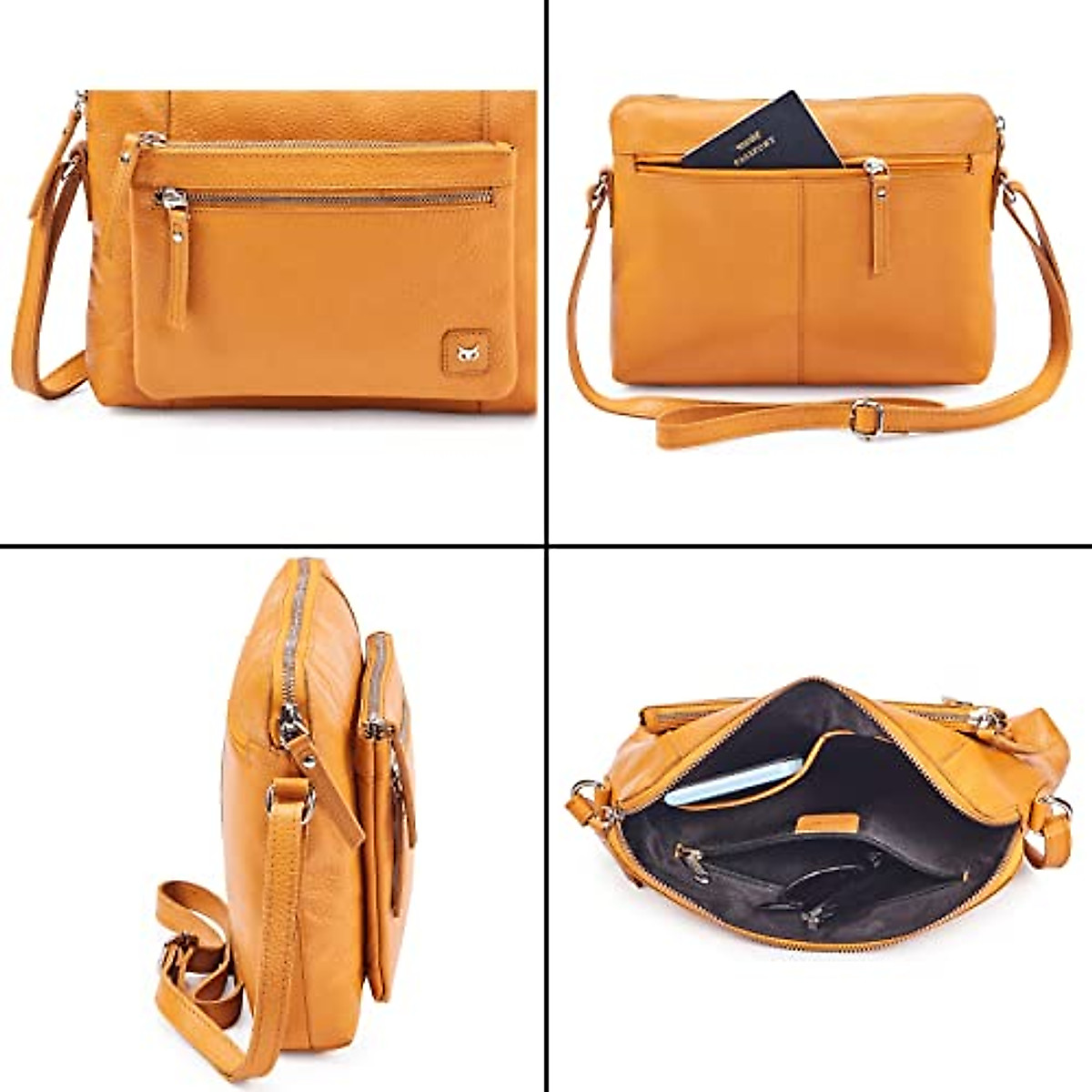 Wise Owl Accessories Small Soft Pebbled Real Leather Crossbody Handbags & Purses - Triple Zip Premium Sling Crossover Shoulder Bag for Women (Mustard Nappa)