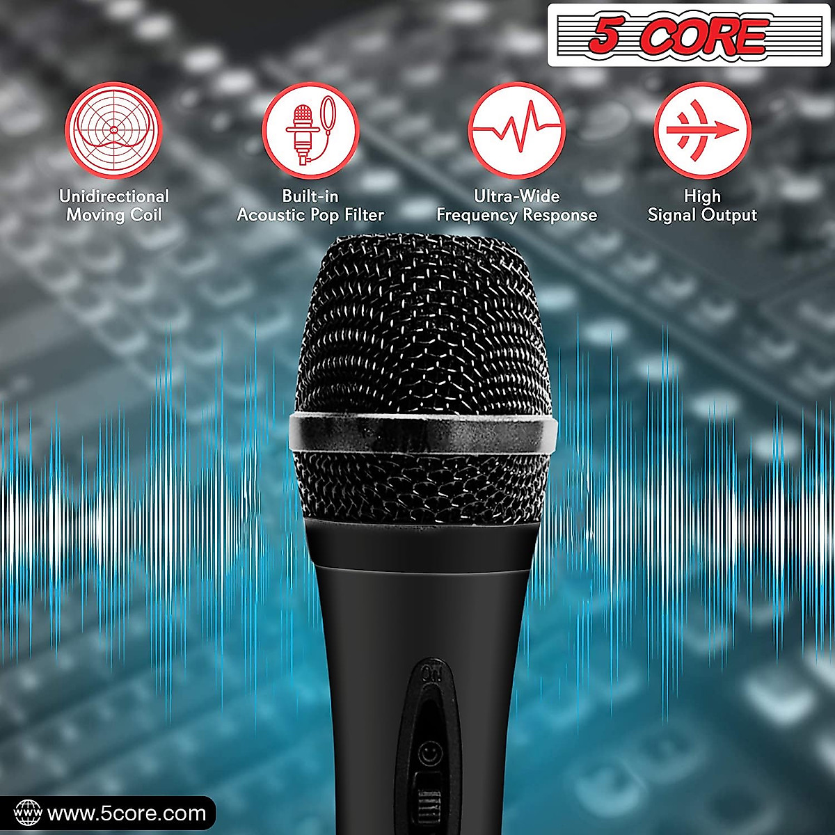 5 CORE Microphone Dynamic Vocal Handheld Mic Cardioid Unidirectional Microfono w On Off Switch + XLR Audio Cable for Singing PM-286