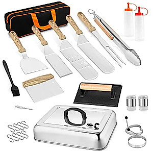 Griddle Accessories Kit Outdoor, Leonyo 17Pcs Heavy Duty Flat Top Grill Accessories for Cast Iron, Stainless Steel Metal Spatulas Set with 13" Rectangular Melting Dome, Burger Press, Tongs, BBQ Fork