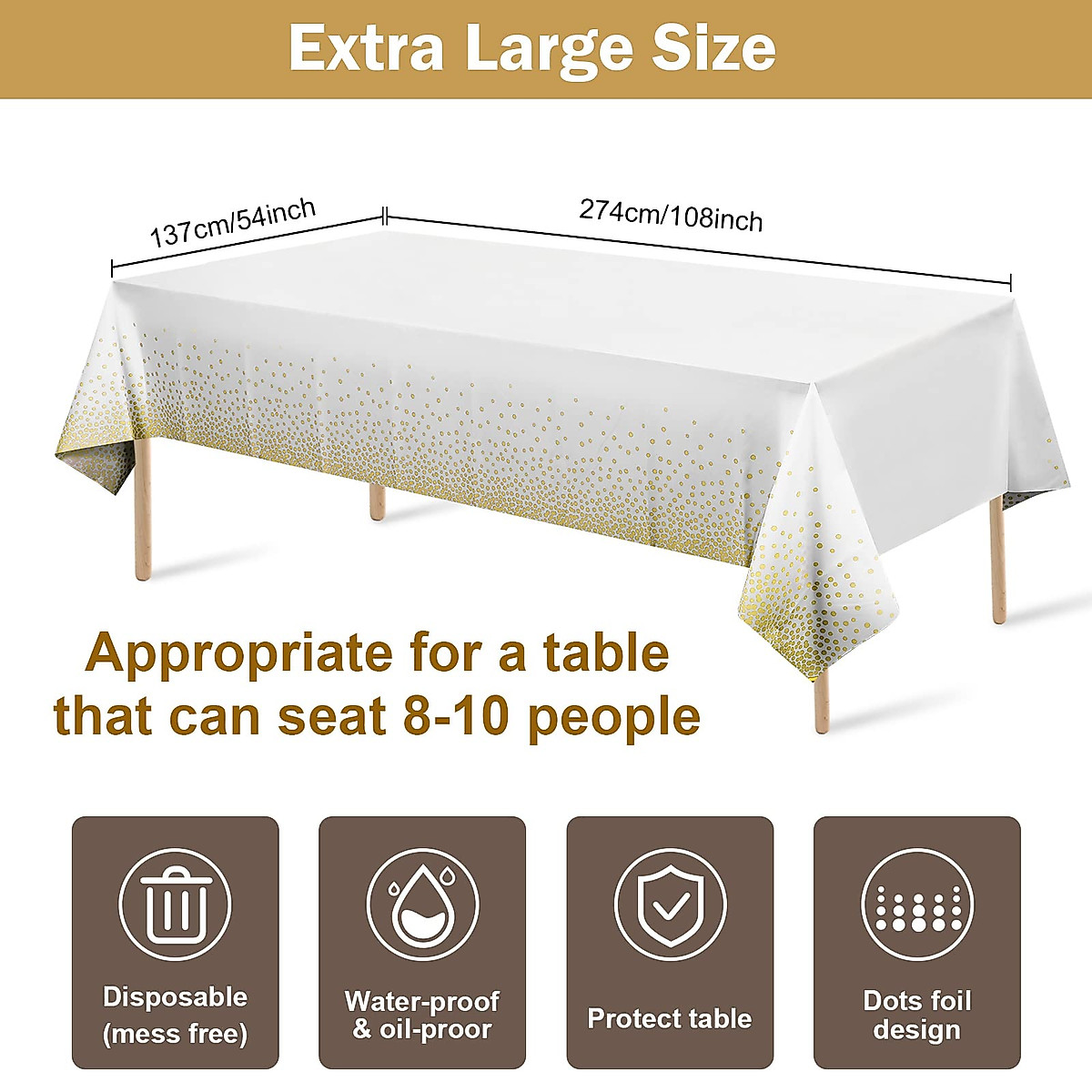 12 Pack White and Gold Dot Plastic Tablecloth, Gold Stamping Dot Confetti Rectangle Plastic Disposable Tablecloth for Birthday Wedding Baby Shower Engagement Anniversary Party Decorations, 54x108 Inch