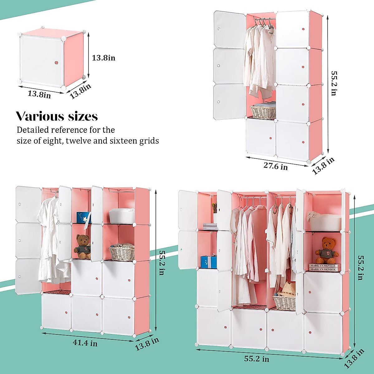 BRIAN & DANY Portable Wardrobe Closet for Hanging Clothes, Bedroom Armoire with Doors, Modular Cabinet for Space Saving, Ideal Storage Organizer Cube for Books, Toys, Towels (8-Cube), Pink