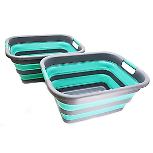 SAMMART 41L Set of 2 Collapsible Plastic Laundry Basket - Foldable Pop Up Storage Container/Organizer - Portable Washing Tub - Space Saving Hamper/Basket (2, Grey/Turquoise Blue)