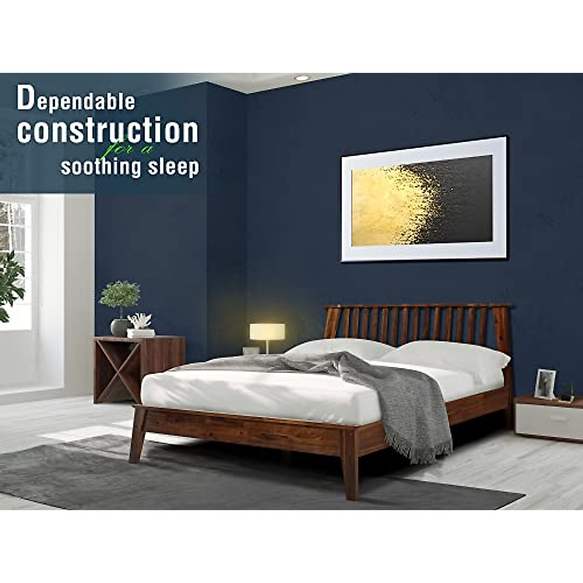 Acacia Kaylin Wooden Bed Frame with Headboard, Solid Wood Platform Bed with Wood Slat Support, No Box Spring Needed, Queen (U.S. Standard), Chocolate, 14 Inch, V1