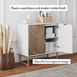Nathan James Enloe Modern Storage, Free Standing Accent Cabinet with Doors in a Rustic Fir Wood Finish Powder-coated Metal Base for Hallway, Entryway or Living Room, White/Gold