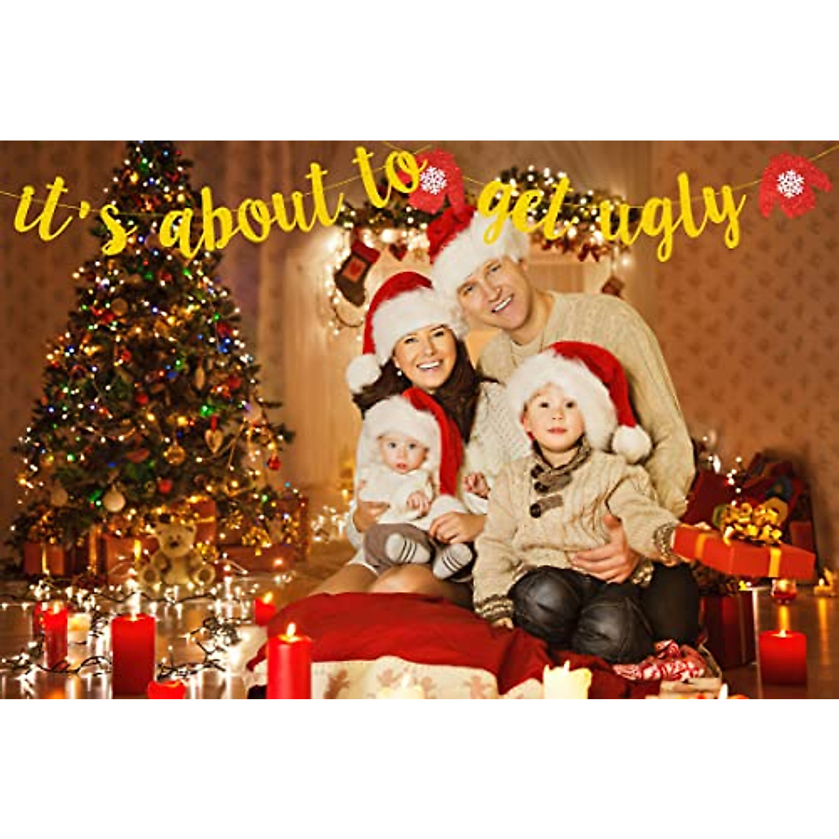 It's About To Get Ugly Banner Gold Glitter - Christmas Ugly Sweater Party Decorations,Ugly Christmas Sweater Party Supplies, Grinch Christmas Decorations,Christmas Elf Party Decorations,Christmas Party Decorations(Pre-Assembled)