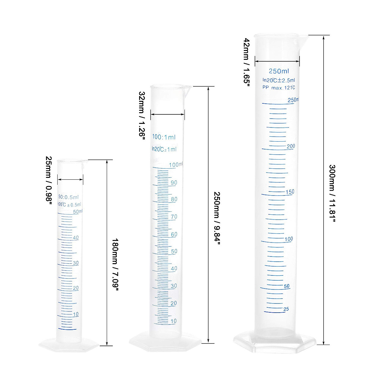 uxcell Plastic Graduated Cylinder, 50ml 100ml 250ml Measuring Cylinder, Double-Sided Metric Marking, Clear Hex Base, 3 in 1 Set