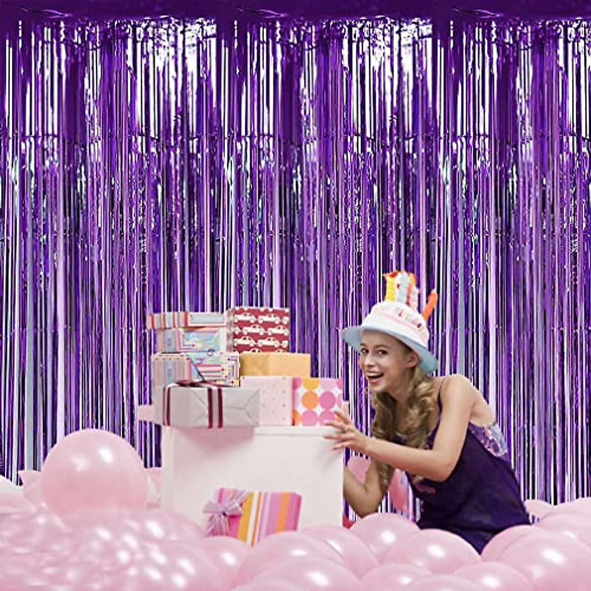 Muhome Purple Foil Fringe Curtain, 2PCS 3.28FT x 8.2FT Tinsel Door Curtains & 1 Masking Tape Purple Fringe Backdrop for Wedding Birthday Bachelorette Mardi Gras Carnival Party Decorations