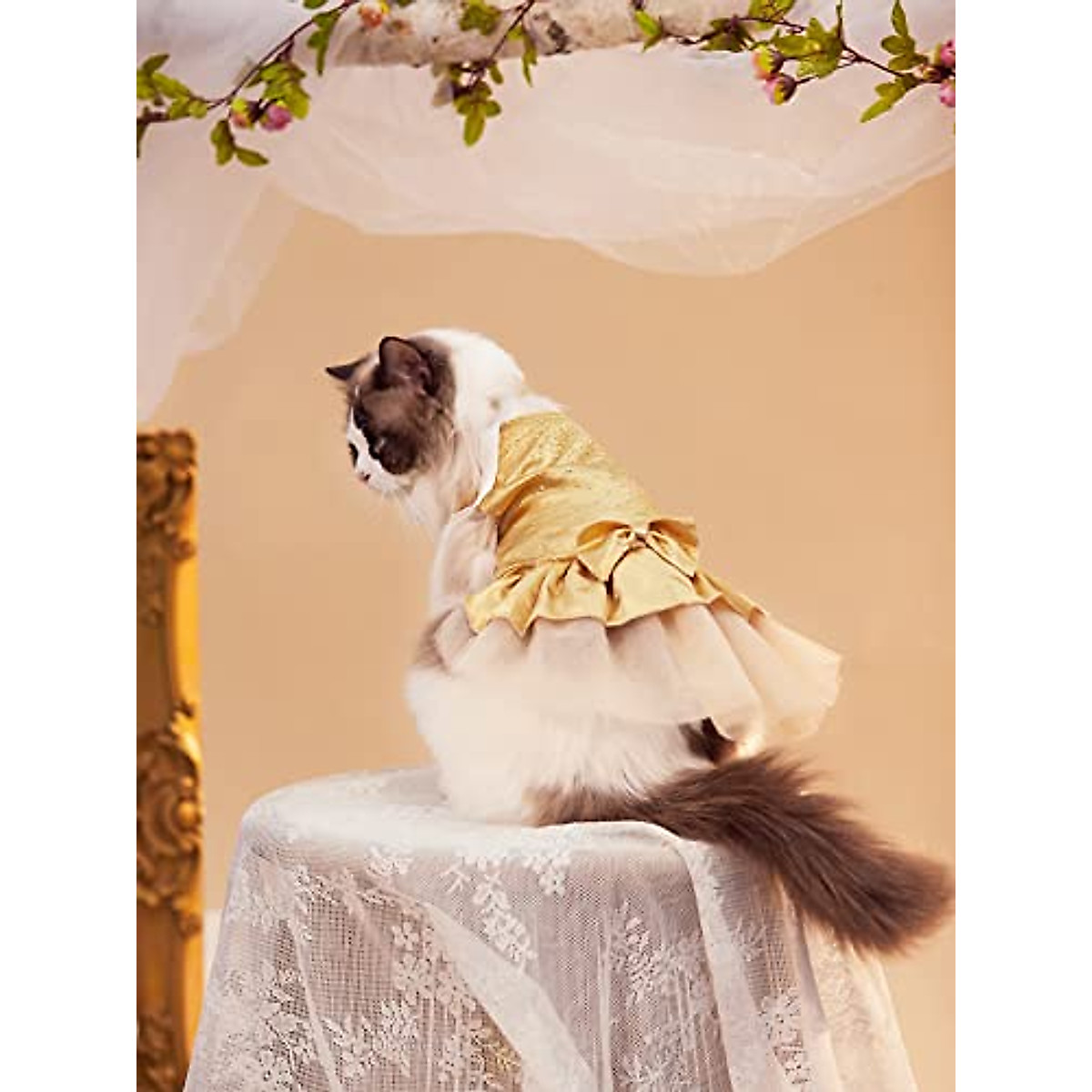 QWINEE Bow Decor Dog Dresses,Sweet Princess Cat Dress Puppy Skirt,Dog Mesh Cake Tutu Dress,Birthday Wedding Party Pet Clothes for Cat Small Medium Dog Doggie Girl Gold X-Small