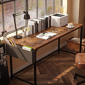 Rolanstar Computer Desk with Power Outlet, 63” Home Office PC Desk with USB Ports Charging Station, Desktop Table with Side Storage Bag and Iron Hooks, Stable Metal Frame Workstation, Rustic Brown