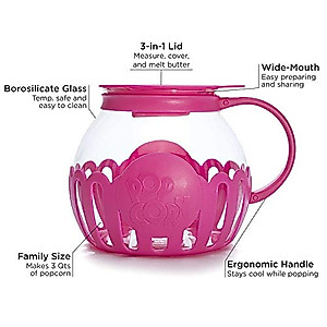 Ecolution Patented Micro-Pop Microwave Popcorn Popper with Temperature Safe Glass, 3-in-1 Lid Measures Kernels and Melts Butter, Made Without BPA, Dishwasher Safe, 3-Quart, Hot Pink