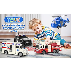 TEMI 4 Pack Emergency Vehicles for Kids, Helicopter, Police Car, Fire Truck, Ambulance Friction Powered Toys for Toddlers, Gifts for Age 3-12 Boys Girls