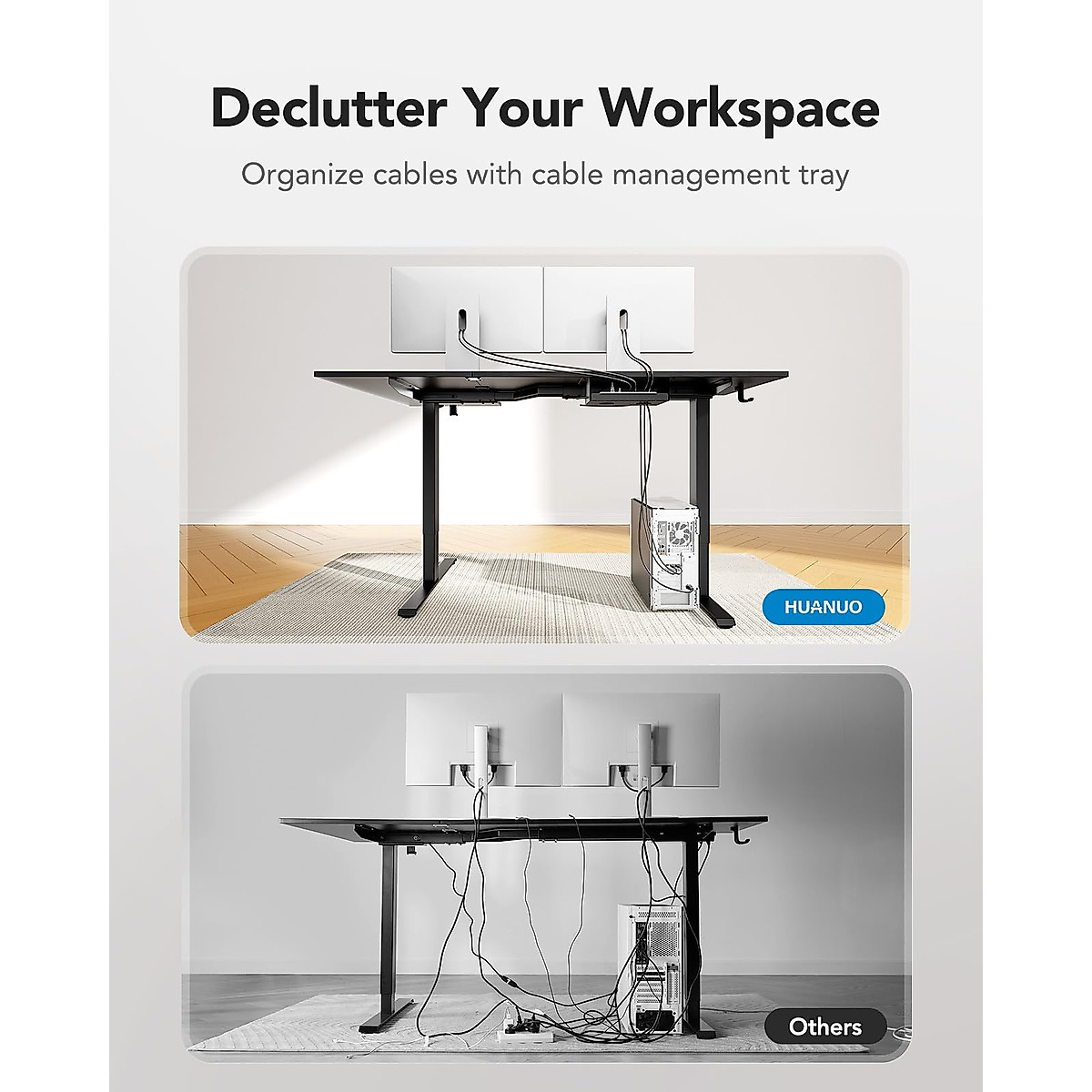 HUANUO L-Shaped Standing Desk, 63 x 40 inch Dual Motor Corner Standing Desk, Electric Height Adjustable Computer Desk with Cable Tray & 3 Preset Heights, Raising Desk for Home Office, Black, HNESD109