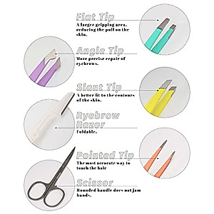 Eyebrow Tweezers Set 7 in 1, Tweezers with Leather Travel Case, Precision Tweezers for Women with Curved Scissor, Eyebrow Razor, Eyebrow Kit for Facial Hair Ingrown Hair Removal