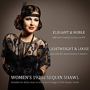 SATINIOR Women's 1920s Sequin Shawl Wrap Bridal Shawl Cover up Beaded Evening Cape (Black)