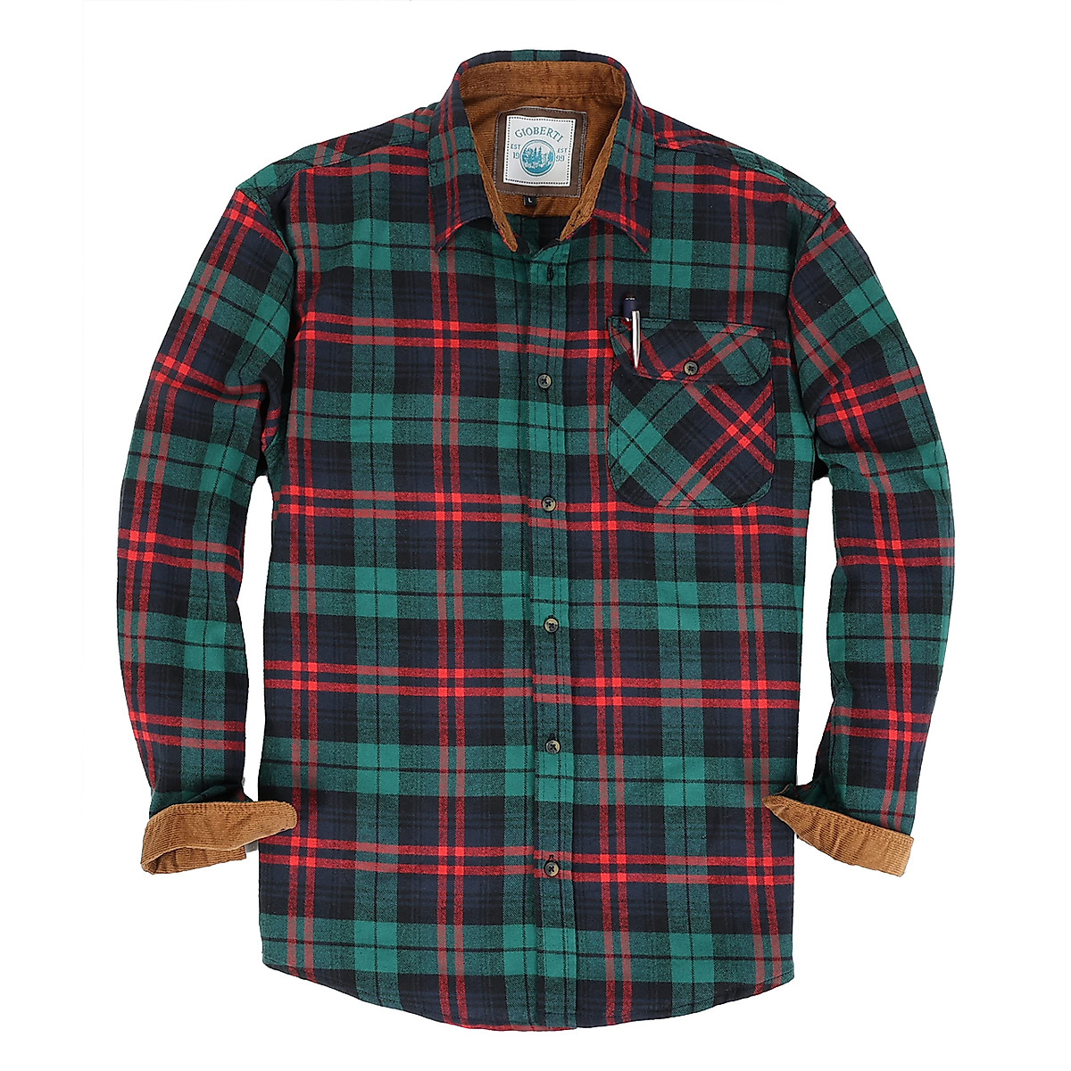 Gioberti Men's Brushed Flannel 100% Cotton Plaid Checkered Shirt with Corduroy Contrast, Green/Red, Medium