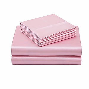 TREELY 4 Piece Satin Sheets Twin Size - Silky Smooth Pink Sheet Set With Deep Pocket, Fitted Sheet, Flat Sheet, 2 Pillowcases