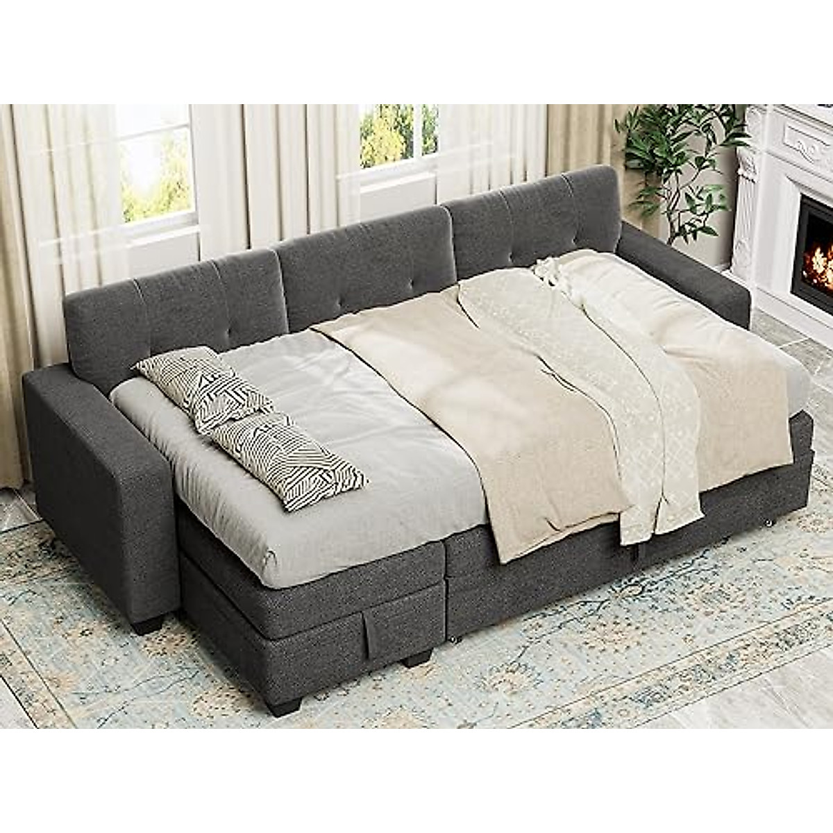 YESHOMY Sofa Bed Reversible Convertible Sleeper Pull Out Couches with Storage Chaise, Linen Fabric Furniture for Living Room, Bedroom, Apartment, Dark Gray