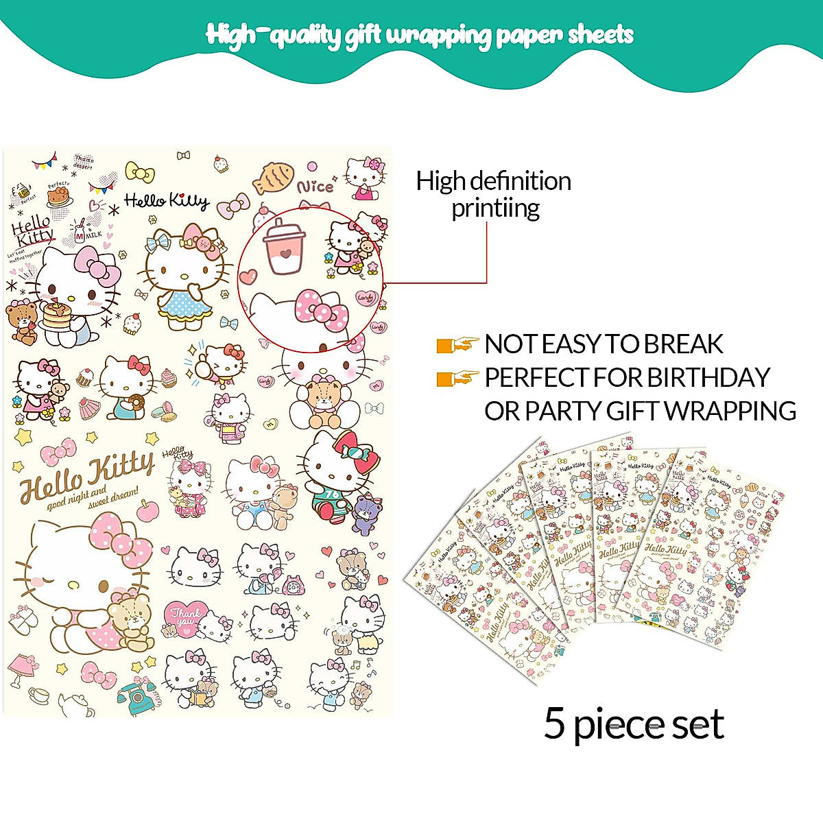 EYQQM Pack of 5 Gift Wrapping Paper 20" x 30" Kraft Paper Wrapping Paper Sheets Pack for Kids Birthday, Party Storage Festive Decoration (Cream Party)