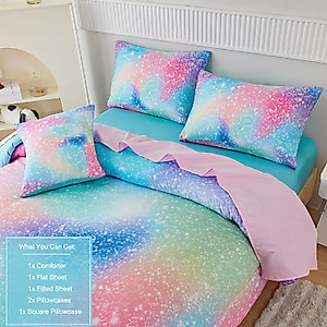 PERFEMET Pink Green Girls Twin Comforter Set, 6 Pieces Colorful Rainbow Kids Bedding Sets, Tie Dye Ombre Glitter Bed in A Bag Comforter Set with Sheets