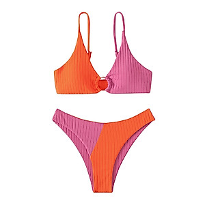 SOLY HUX Women's Sexy Bikini Set Color Block Ring Linked Bathing Suits 2 Piece Swimsuit Orange and Pink S