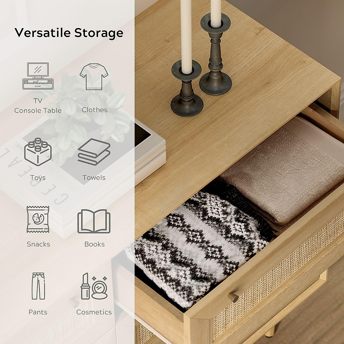 EYYTHUNG Rattan 6 Drawer Dresser, Modern Closet Dressers of Drawers with Natural Rattan, Boho Dresser Chest, TV Stand of Drawers, Wood Storage Drawer Organizer for Bedroom Living Room Entryway Hallway