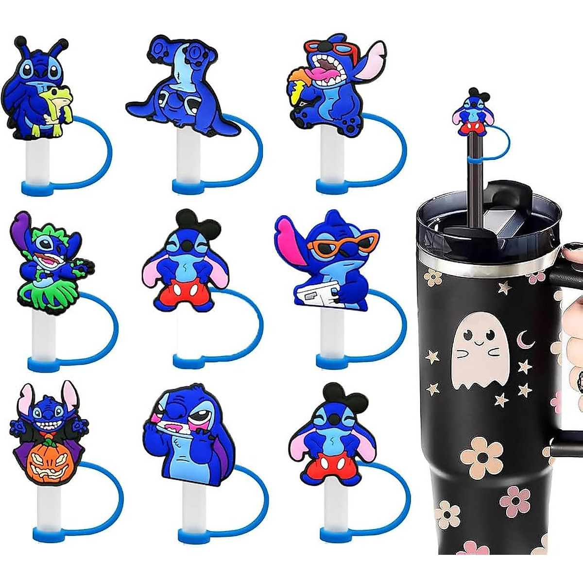 Cartoon Stitch Straw Covers Cap Toppers Compatible with Stanley 30&40 oz Tumbler Cups,Reusable Cute Silicone Straw Tips Lids Protectors for 0.4 in/10mm Stanley Cups Accessories 1794-01-08