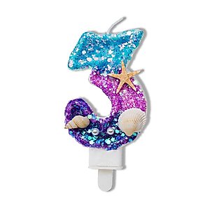 Number 3 Candle, Blue Purple Gradient Sequin Birthday Candle 3 for Cake Great for a Mermaid or Under The Sea Party.