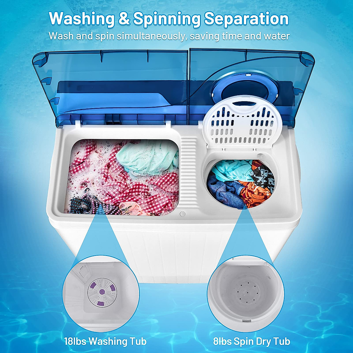 Giantex Washing Machine Semi-automatic, Twin Tub Washer with Spin Dryer, 26lbs Capacity, Built-in Drain Pump, Portable Laundry Washer, Compact Washing Machine for Apartment, Dorm and RV (White+Blue)