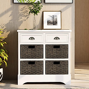 Harper & Bright Designs Storage Cabinet, Rustic Storage Cabinet with 2 Drawers and 4 Classic Fabric Basket, Sideboard for Entryway/Kitchen/Dining Room/Living Room, White