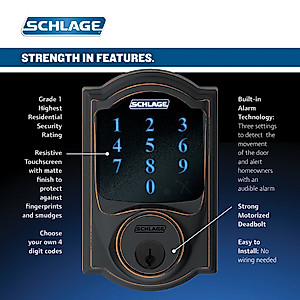 SCHLAGE Z-Wave Connect Camelot Touchscreen Deadbolt with Built-In Alarm, Works with Amazon Alexa via Wink, Aged Bronze, FE469NX ACC 716 CAM LH