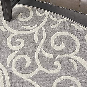 Nourison Grafix Floral Grey 8' x ROUND Area -Rug, Easy -Cleaning, Non Shedding, Bed Room, Living Room, Dining Room, Kitchen (8 Round)