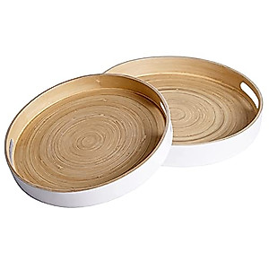 Bamboo Serving Tray with Handles Set of 2, Round Shallow Bamboo Tray, Natural Bamboo Wood Decorative Rustic Trays for Coffee Table, Tea, Food, Cocktail, Drink, Ottoman, Breakfast Party (Matte White)
