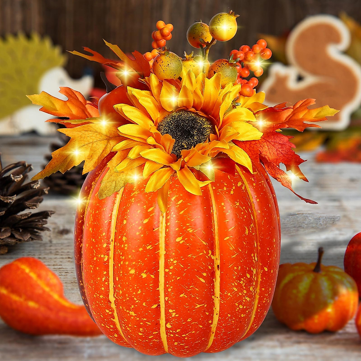 Roseeyo 11 Inch Lighted Pumpkin Decor, Thanksgiving Decorations Artificial Pumpkin with 30 LED Lights 9 Maple Leaves 2 Pumpkins 2 Berry Stems Sunflower Straw, Autumn Pumpkin Home Table Decorations