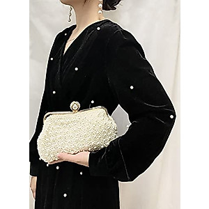 ASPHODELCHIC Women Pearl Evening Bag Bride Beaded Clutch Purse Cream White for Wedding Party (Ivory white) Small
