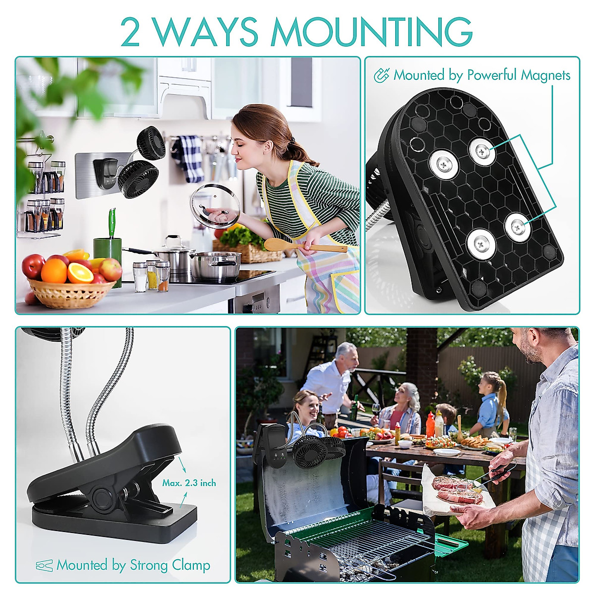 ASKPULION Portable Clip on Fan, Dual Heads Battery Operated Fan, 4000mAh Rechargeable Desk Fan with Flexible Gooseneck for Travel Camping RV Home Office