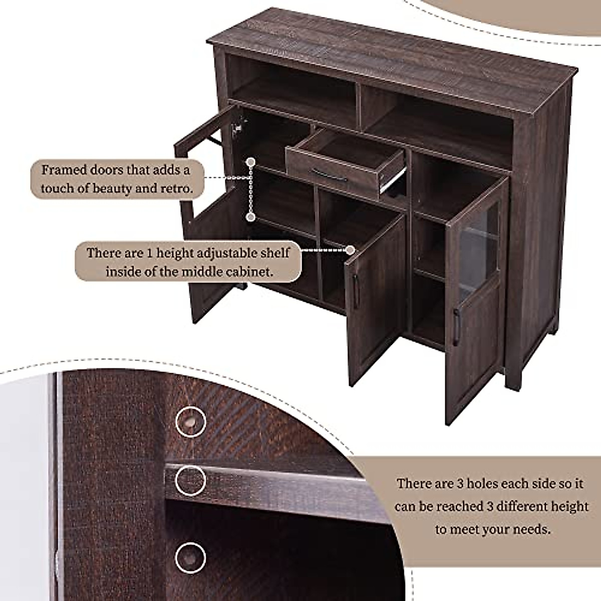 Goohome 47.20" Wine Rack, Retro Style Kitchen Sideboard Cabinet Buffet Table with Storage Drawers & Adjustable Shelves, for Living Room Entryway, Espresso