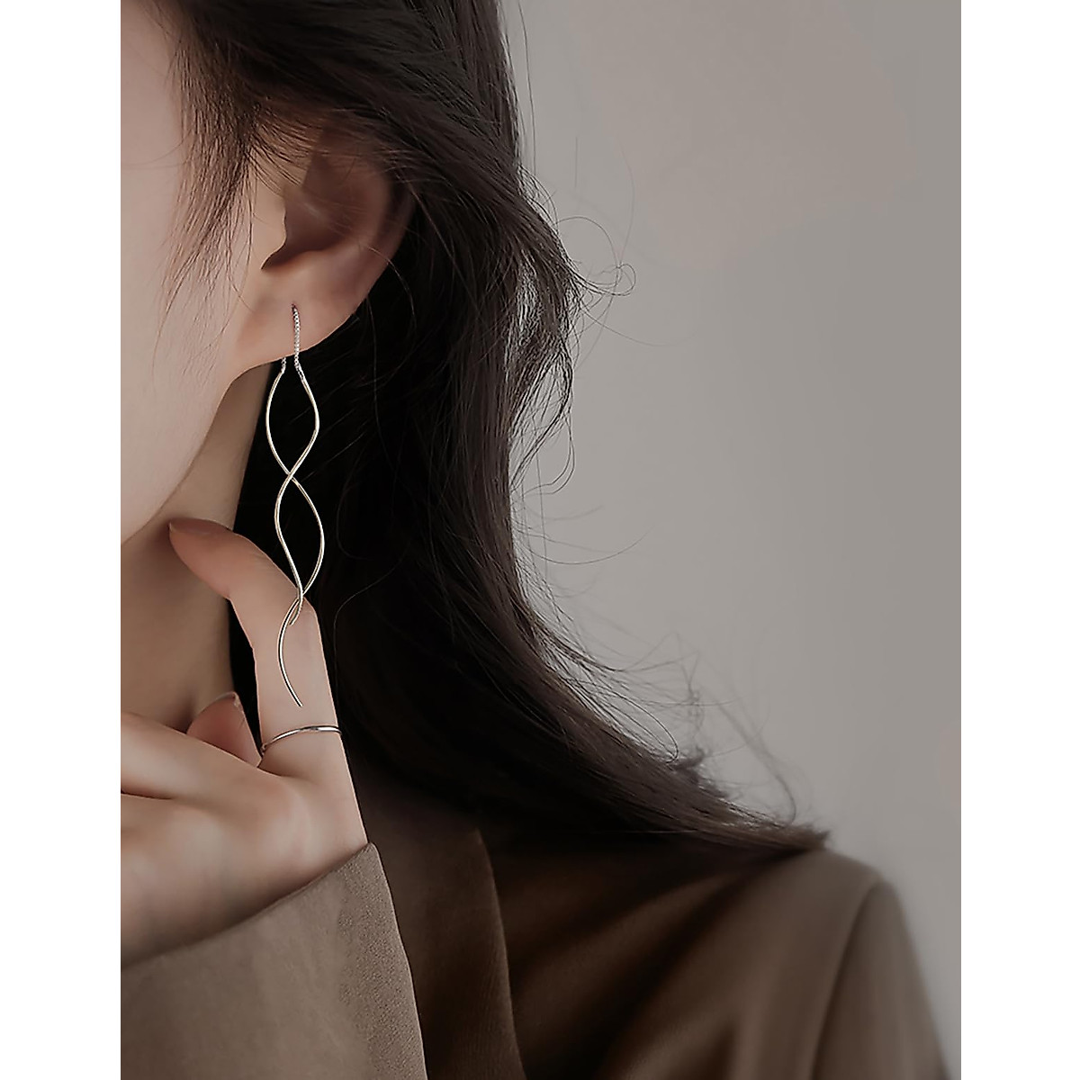 Reffeer Solid 925 Sterling Silver Double Linear Curved Tassel Earrings Threader Drop Dangle Earrings Perfect For Women